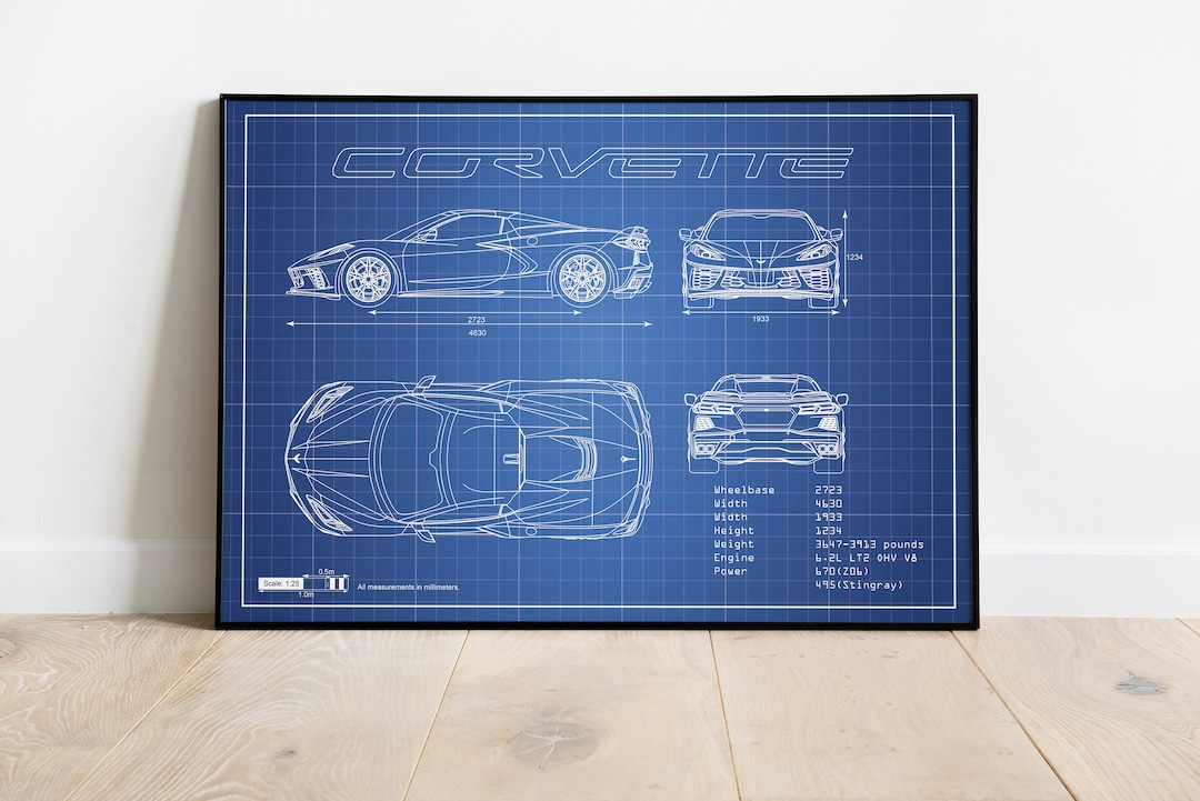 Chevy Corvette Blueprint, Car Blueprints, Car Poster, Garage Workshop ...