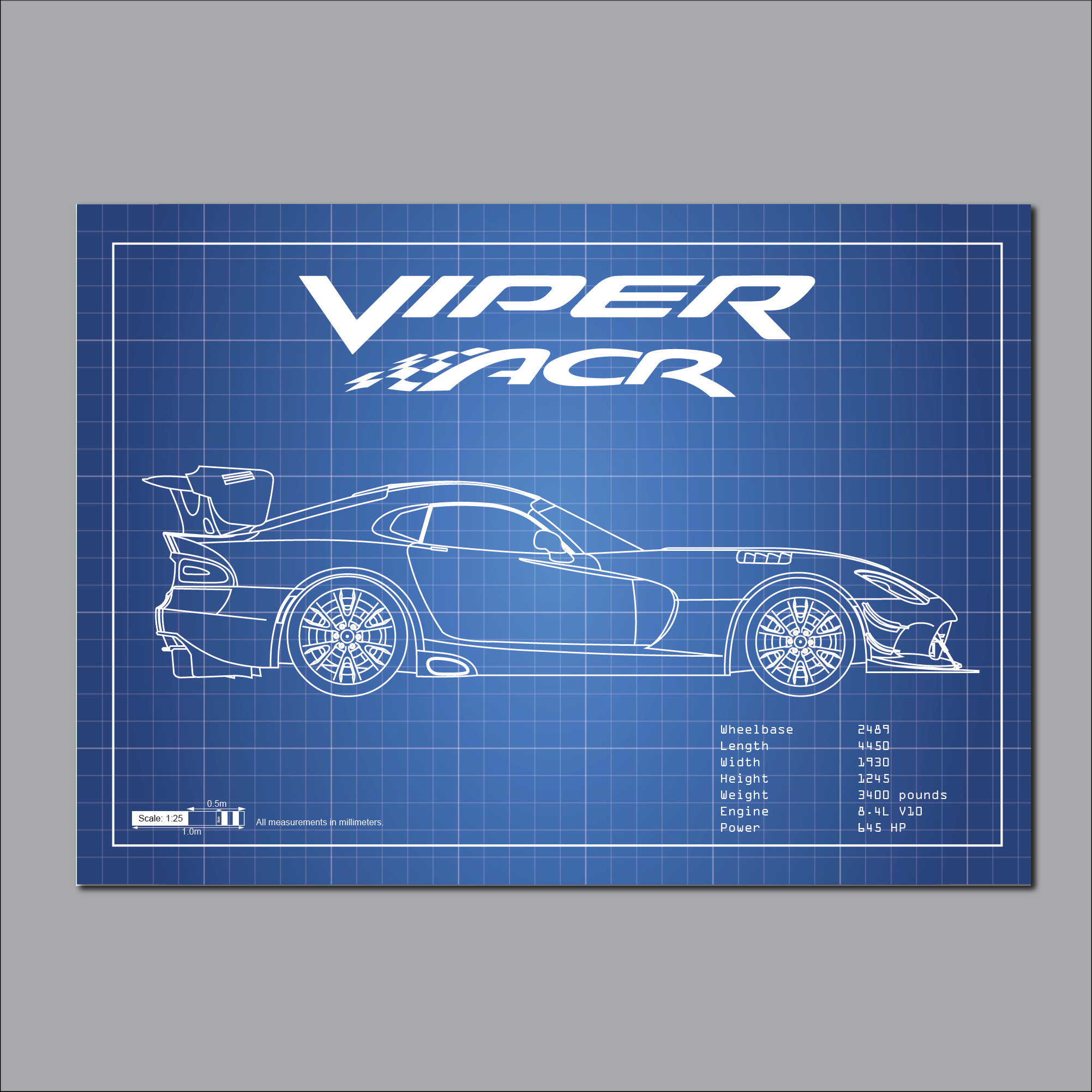 Dodge Viper ACR Picture, Car Blueprints, Car Poster, Gift for Dad, Gift ...