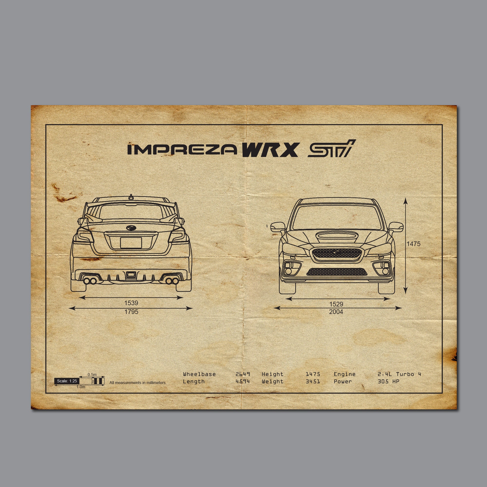 Impreza WRX Blueprint, 1st Anniversary Gift, Wall Decor, Office Artwork ...