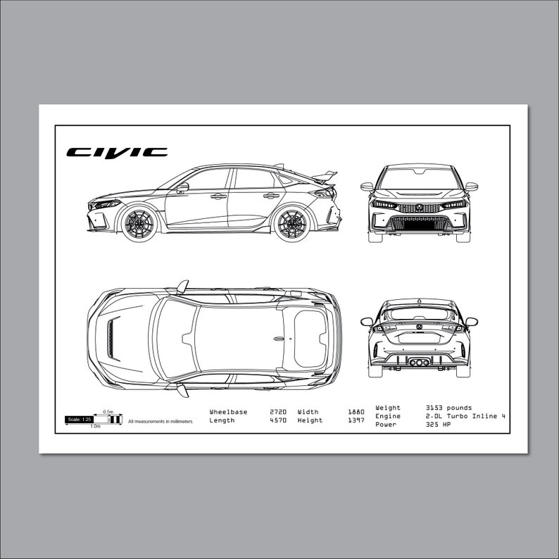 Honda Civic Poster, Civic Type R, Car Blueprints, Car Poster, Gift for ...