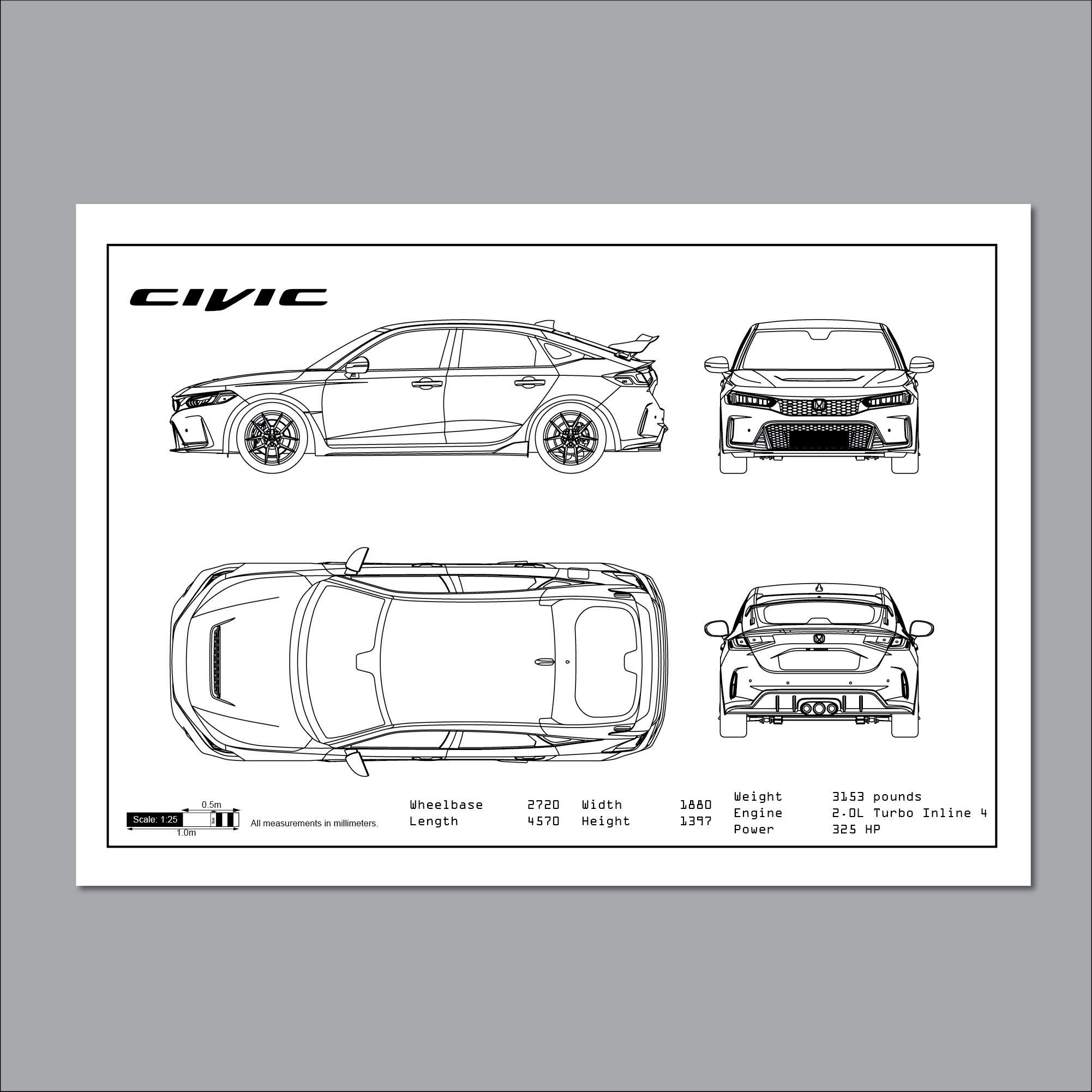 Honda Civic Poster, Civic Type R, Car Blueprints, Car Poster, Gift for ...