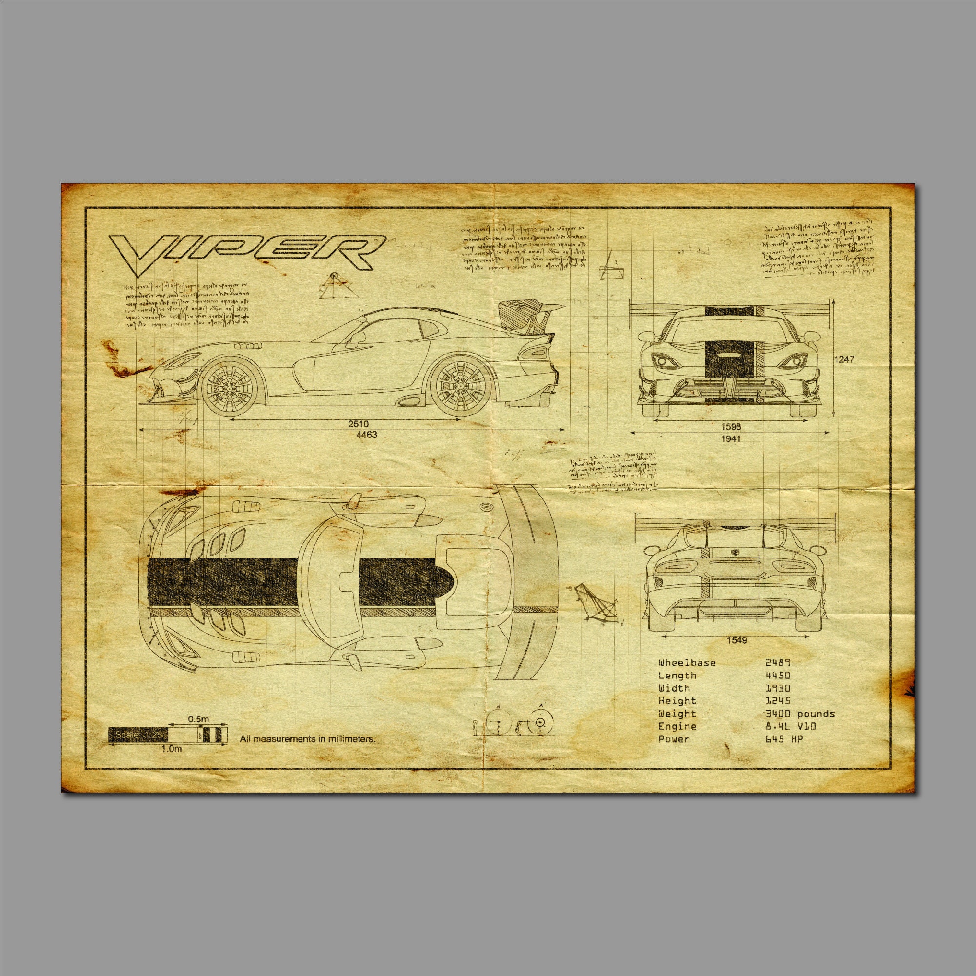 Viper ACR Picture, Dodge Viper, Car Blueprints, Car Poster, Wall Art ...