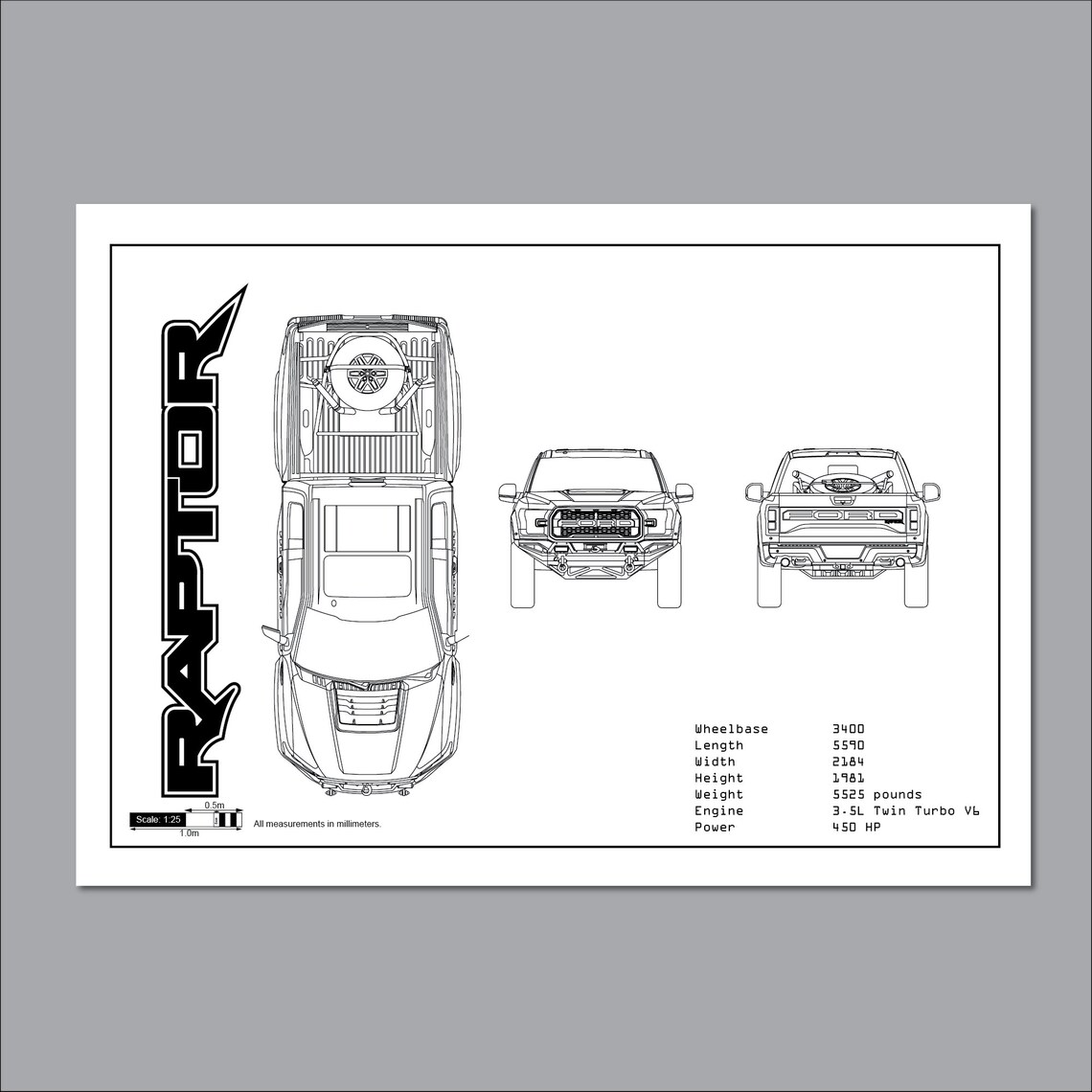 Raptor Blueprint, Ford Raptor, Car Blueprints, Car Poster, Garage Art ...