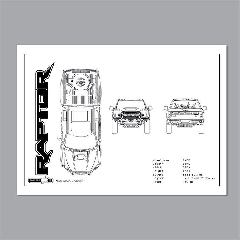 Raptor Blueprint, Ford Raptor, Car Blueprints, Car Poster, Garage Art ...