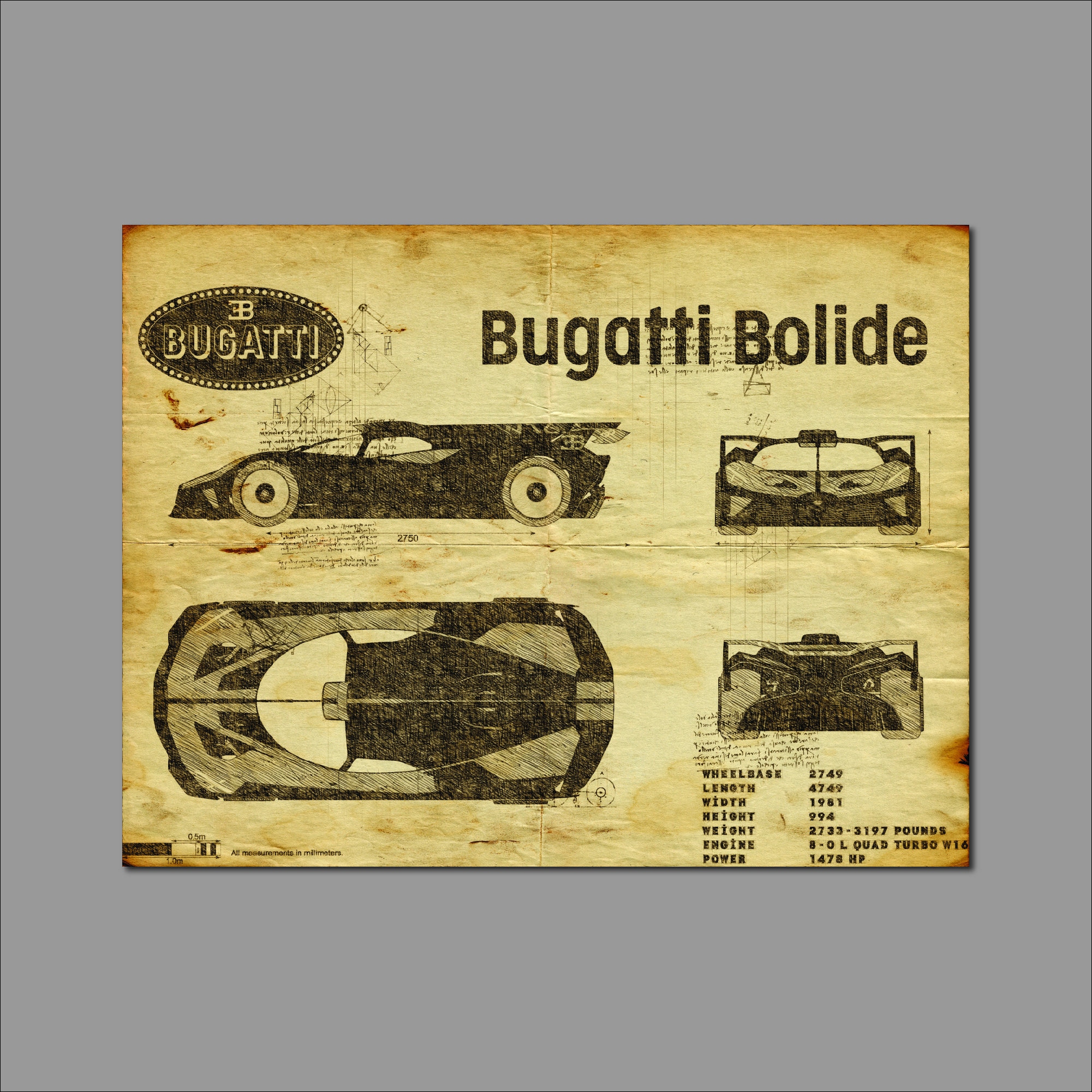 Bugatti Bolide Poster, Car Blueprints, Car Poster, Garage Workshop Art ...