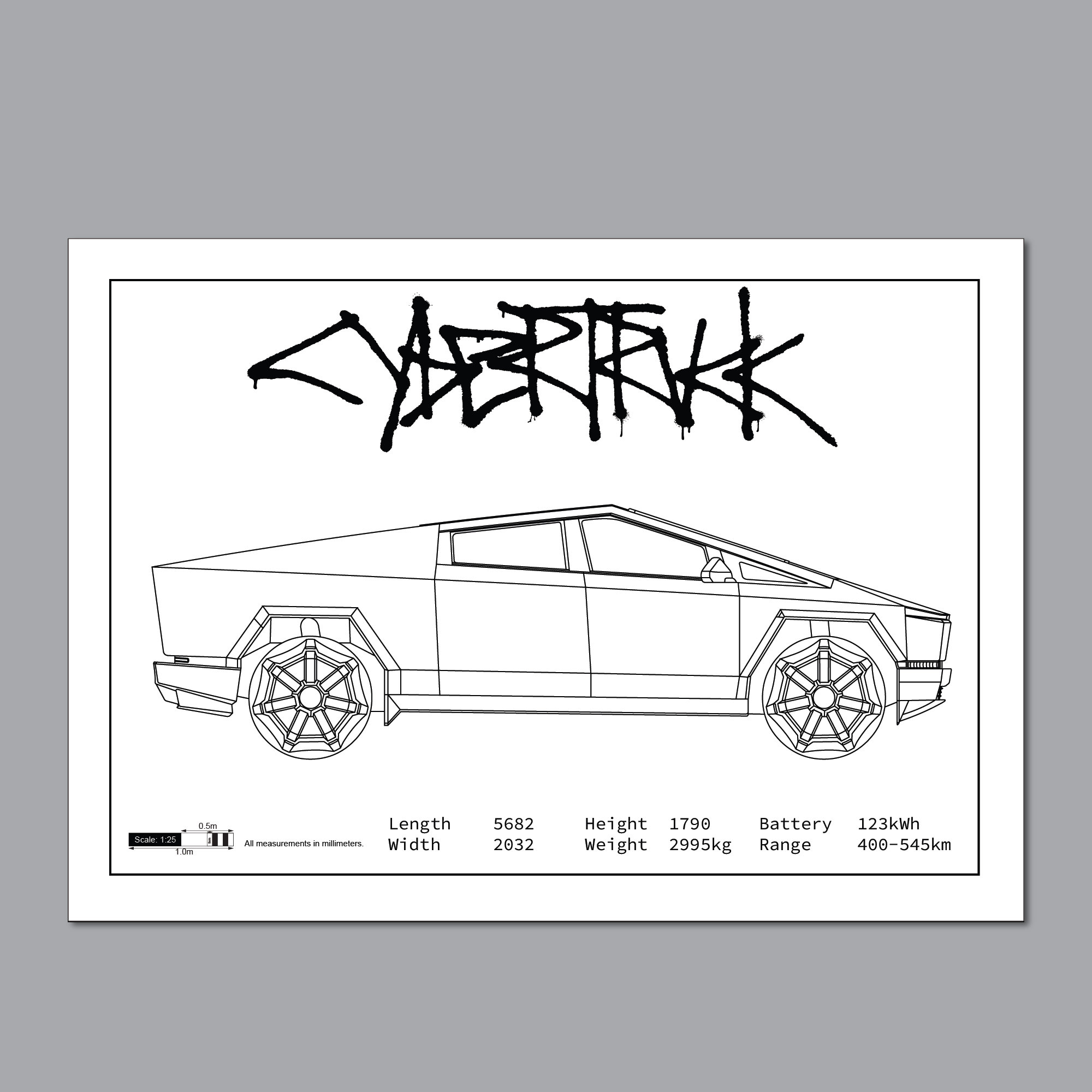 Tesla Cybertruck, Cybertruck Poster, Car Blueprints, Car Poster, Garage ...