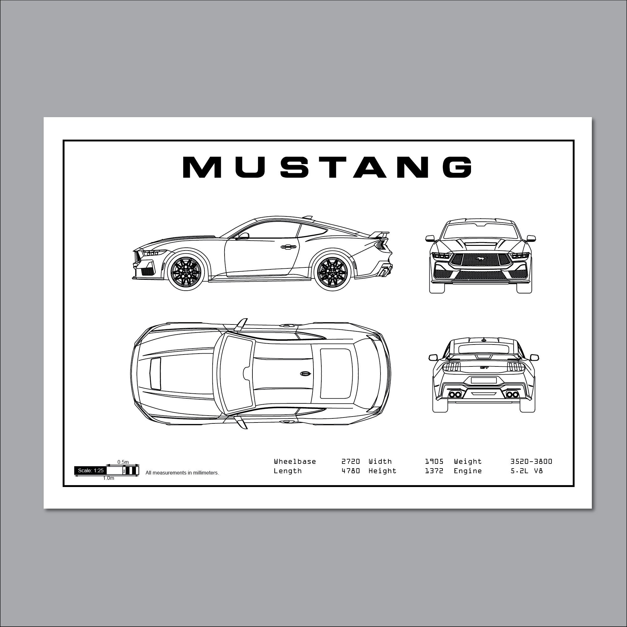 Mustang GT Blueprint, Car Blueprints, Car Poster, Garage Workshop Art ...