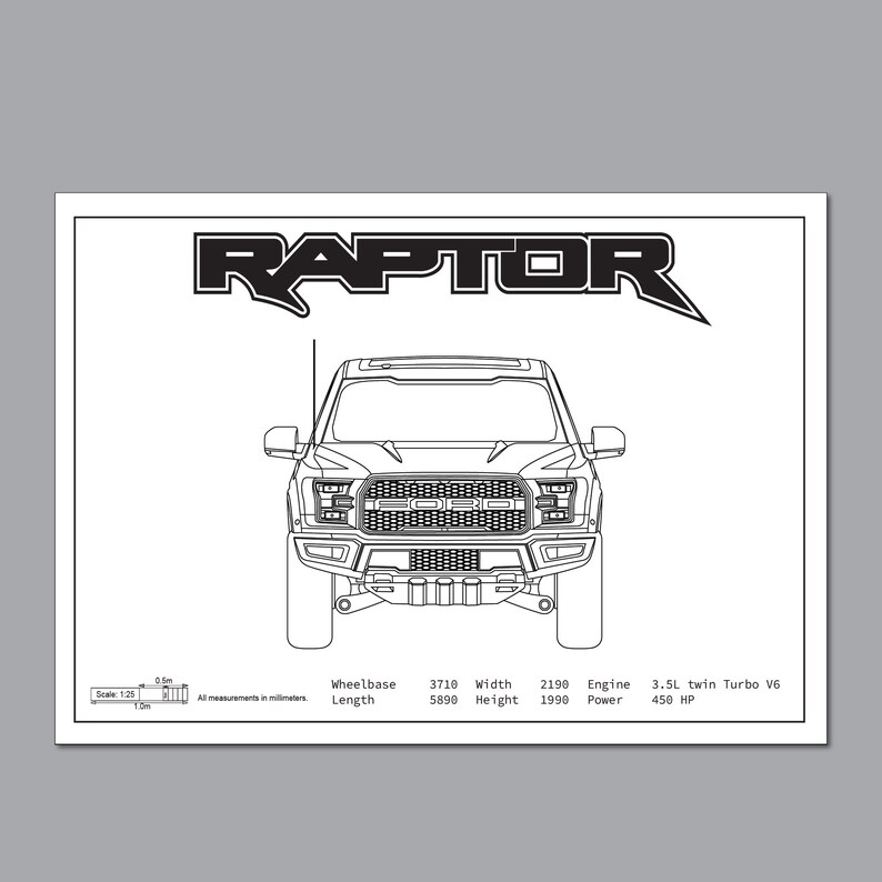 Ford Raptor, Raptor Blueprint, Raptor Poster, Car Blueprints, Car ...