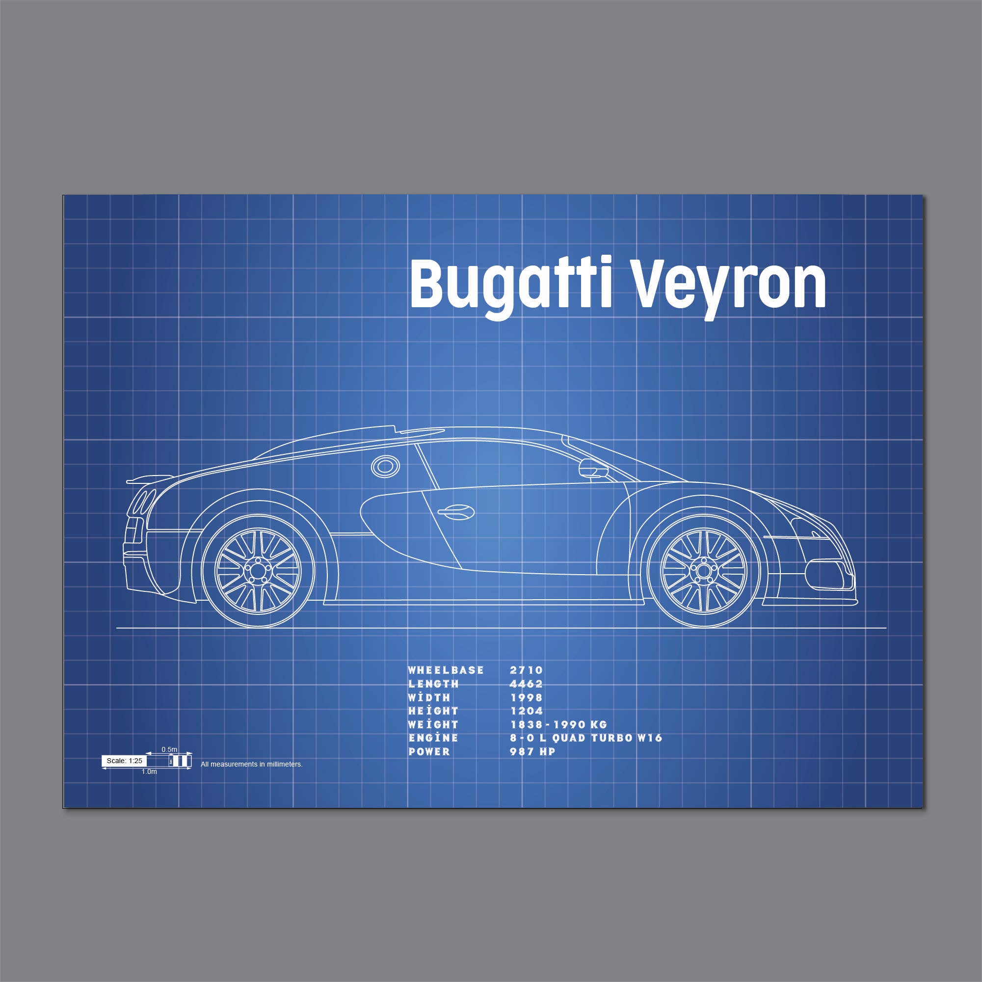 Bugatti Veyron Blueprint, Veyron Poster, Bugatti Print, Car Poster Art, Car Poster Print, Car ...