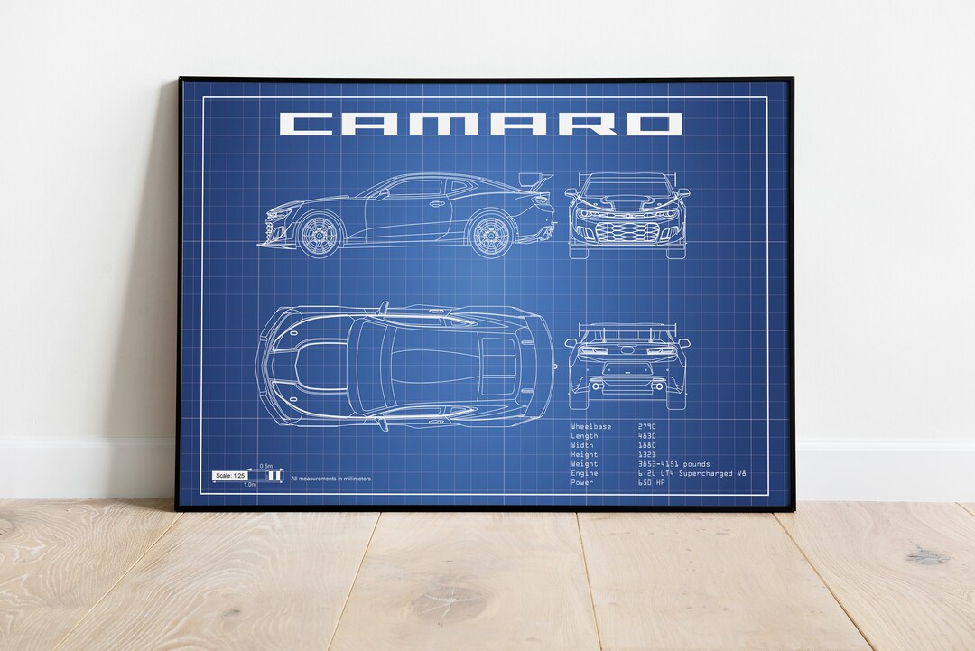 Blueprint of a Camaro, Chevy Camaro, Car Blueprints, Car Poster, Garage ...