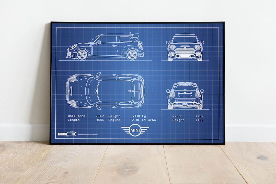 Mini Cooper Blueprint, Mini Prints, Mini Blueprints, Car Poster Print ...