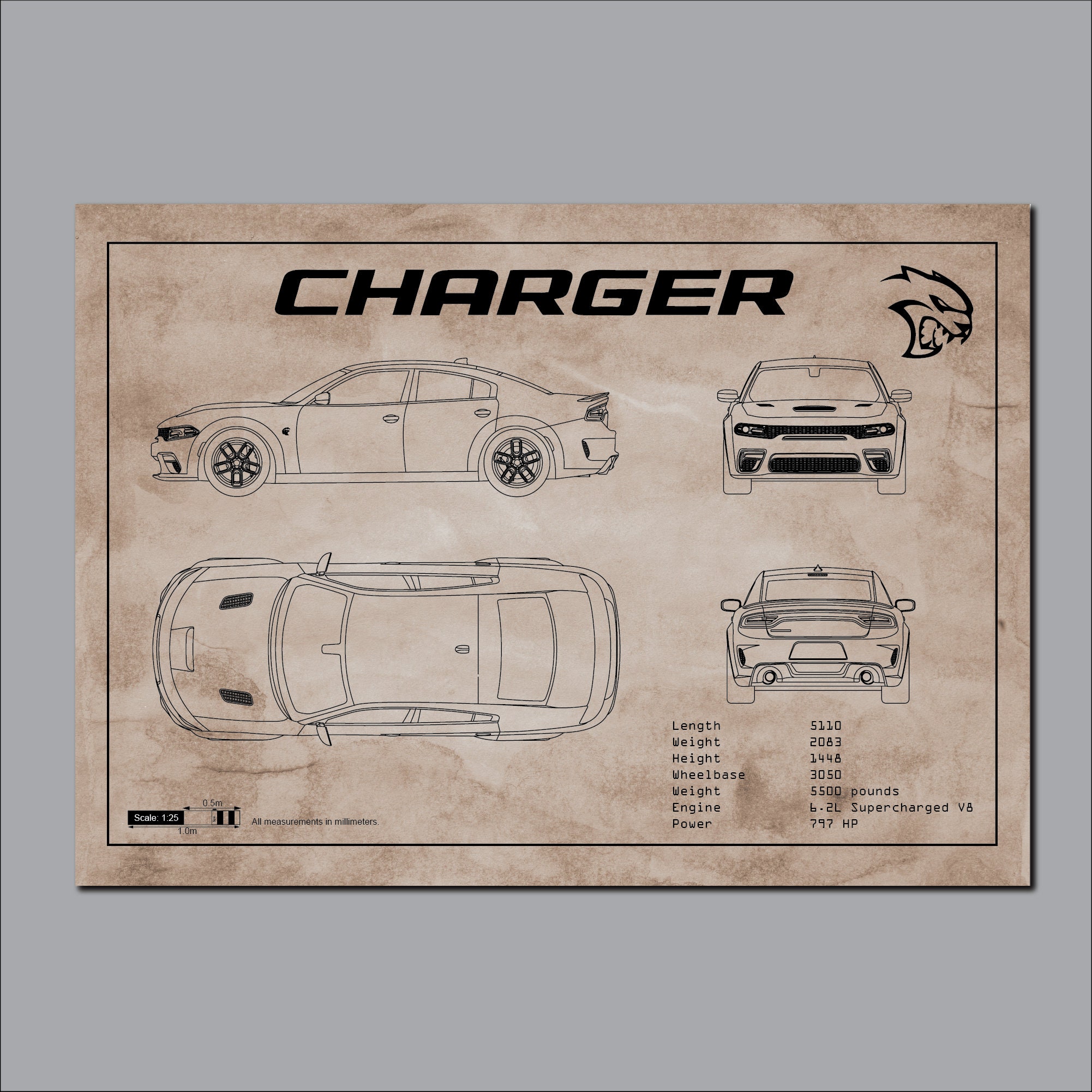 Dodge Charger Poster, Charger SRT, Car Blueprints, Car Poster, Garage ...