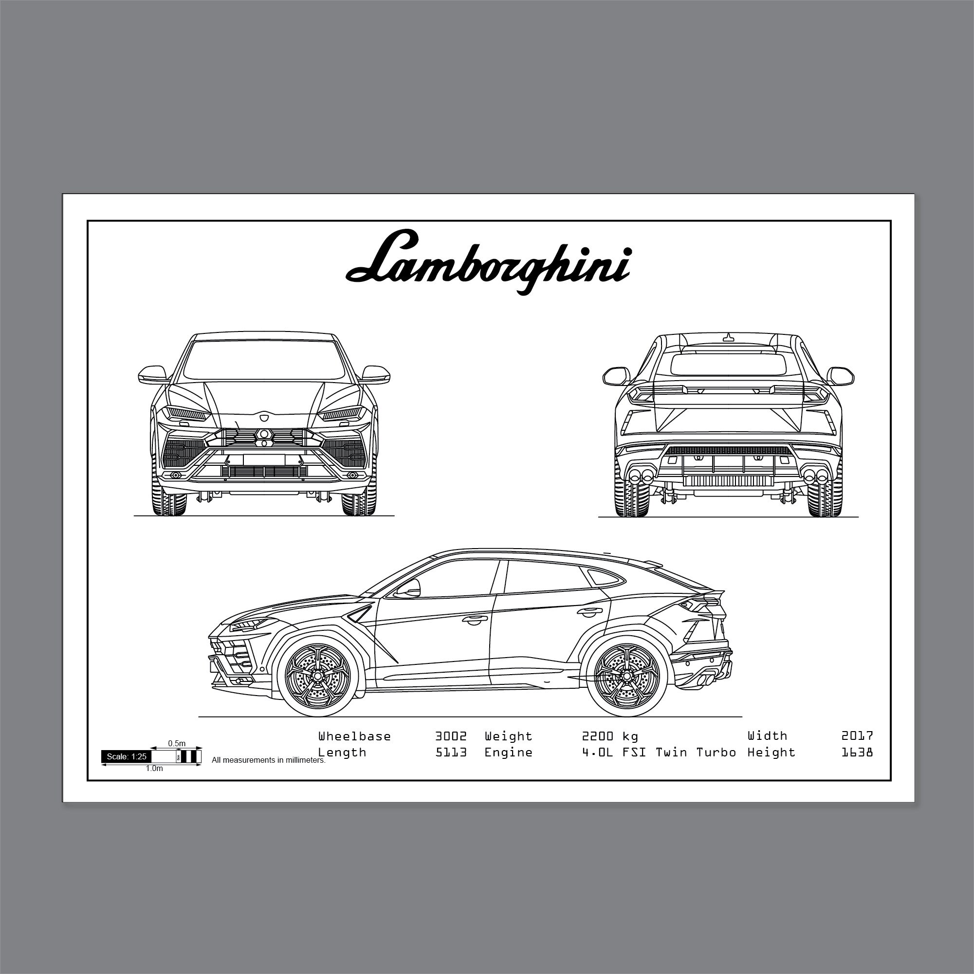 Lamborghini Blueprint, Lambo Print, Lamborghini Urus, Urus Blueprint ...