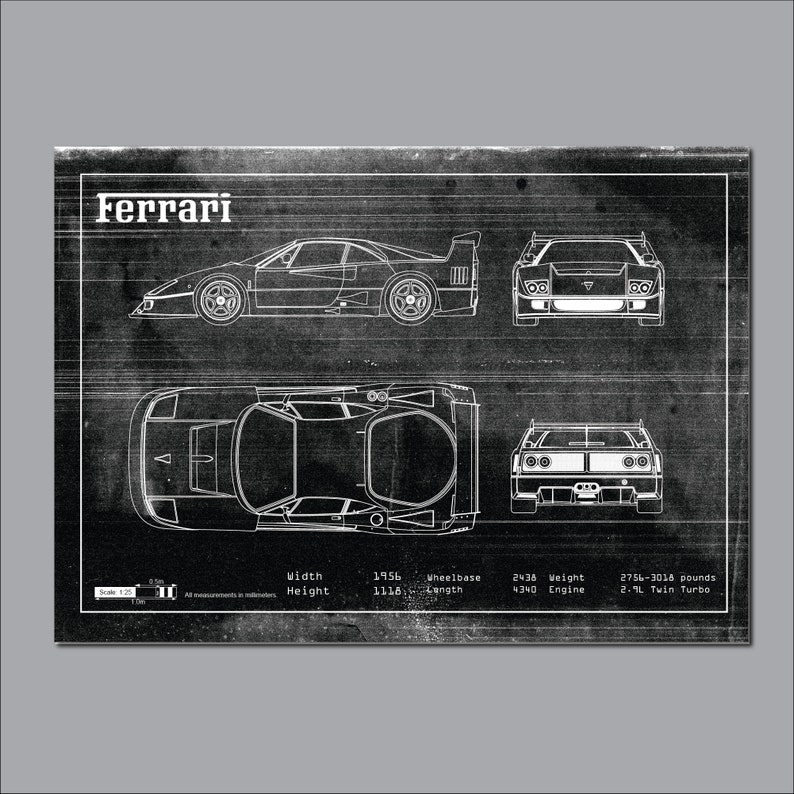 Ferrari F40 Picture, Car Blueprints, Car Poster, Man Cave, Man Cave ...