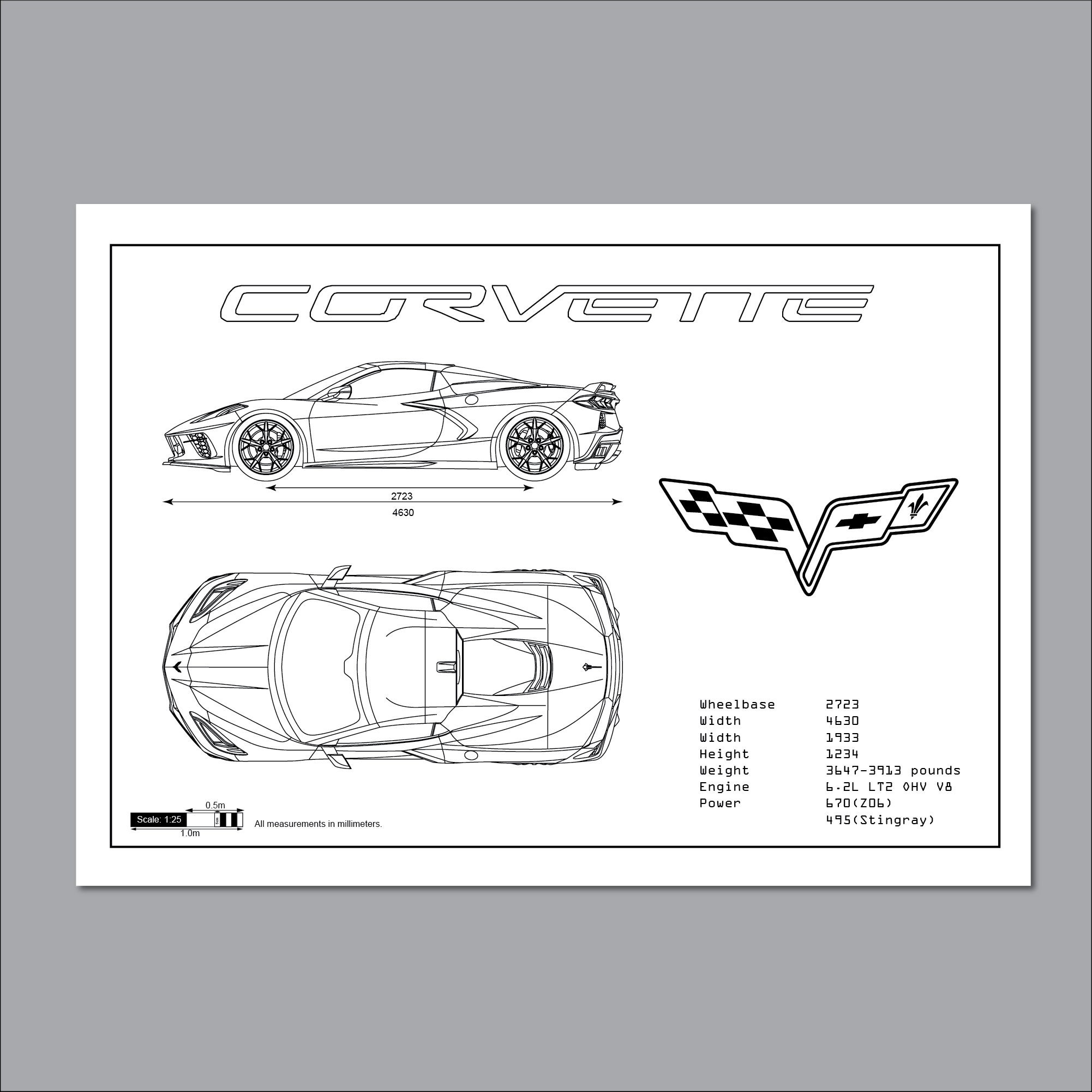 Chevy Corvette Picture Car Blueprints Car Poster Fathers - Etsy