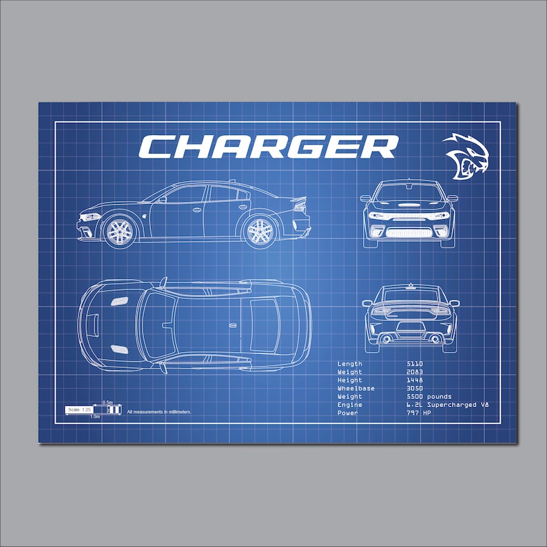 Dodge Charger Poster, Charger SRT, Car Blueprints, Car Poster, Garage ...