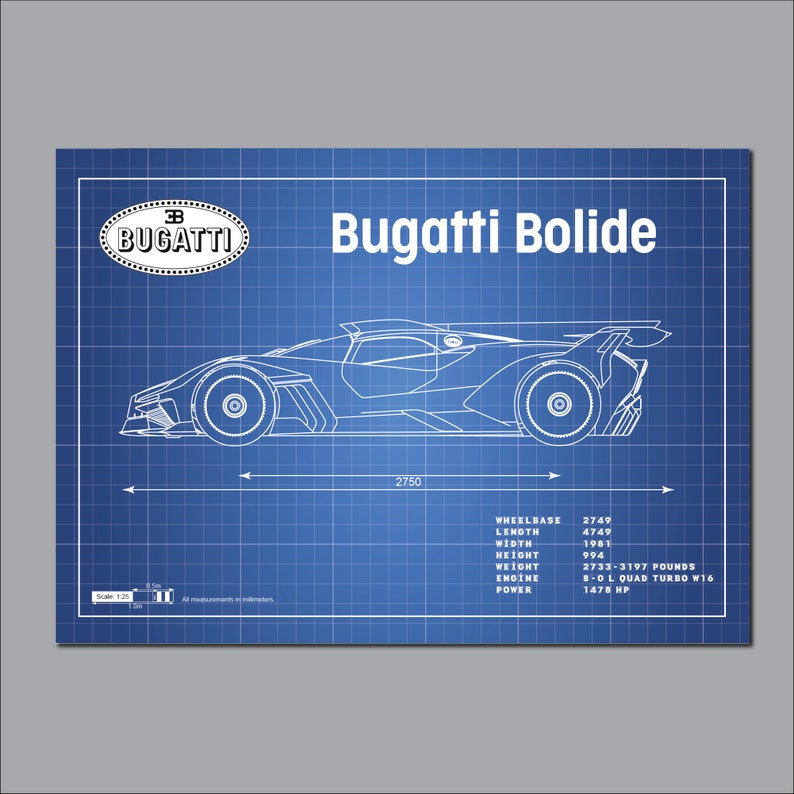 Blueprint of Bugatti Bolide, Car Blueprints, Bugatti Poster, Car Poster ...