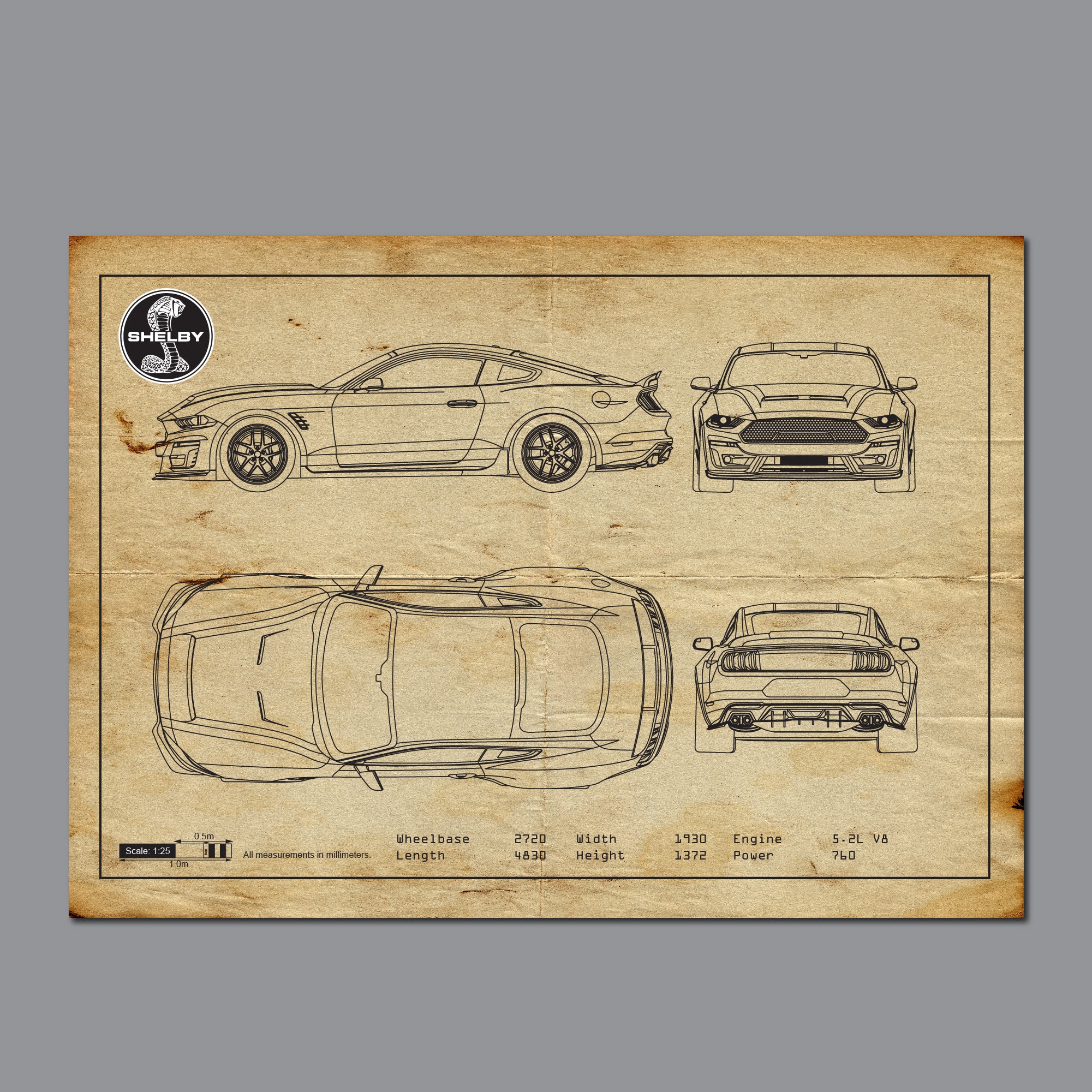 Shelby Blueprint, Ford Mustang, Car Blueprints, Car Poster, Gift for ...
