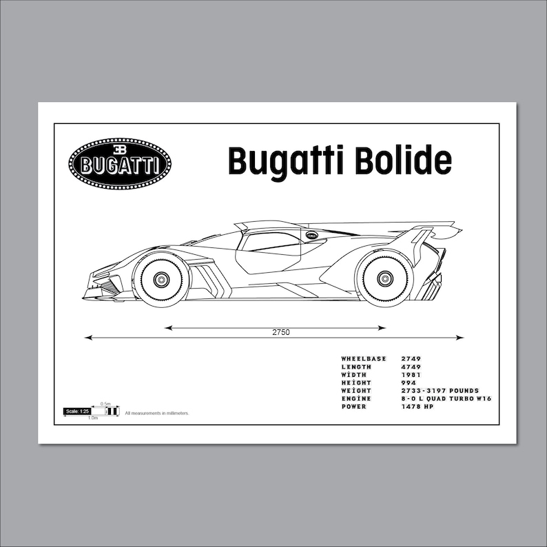 Blueprint of Bugatti Bolide, Car Blueprints, Bugatti Poster, Car Poster ...