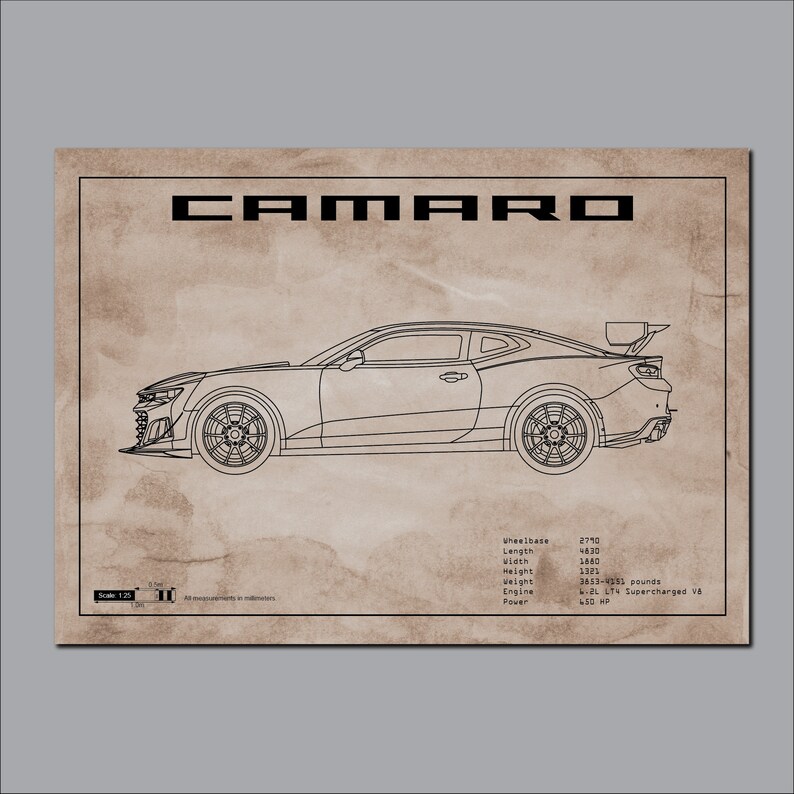 Camaro Poster, Camaro ZL1, Car Blueprints, Car Poster, Car Wall Art ...