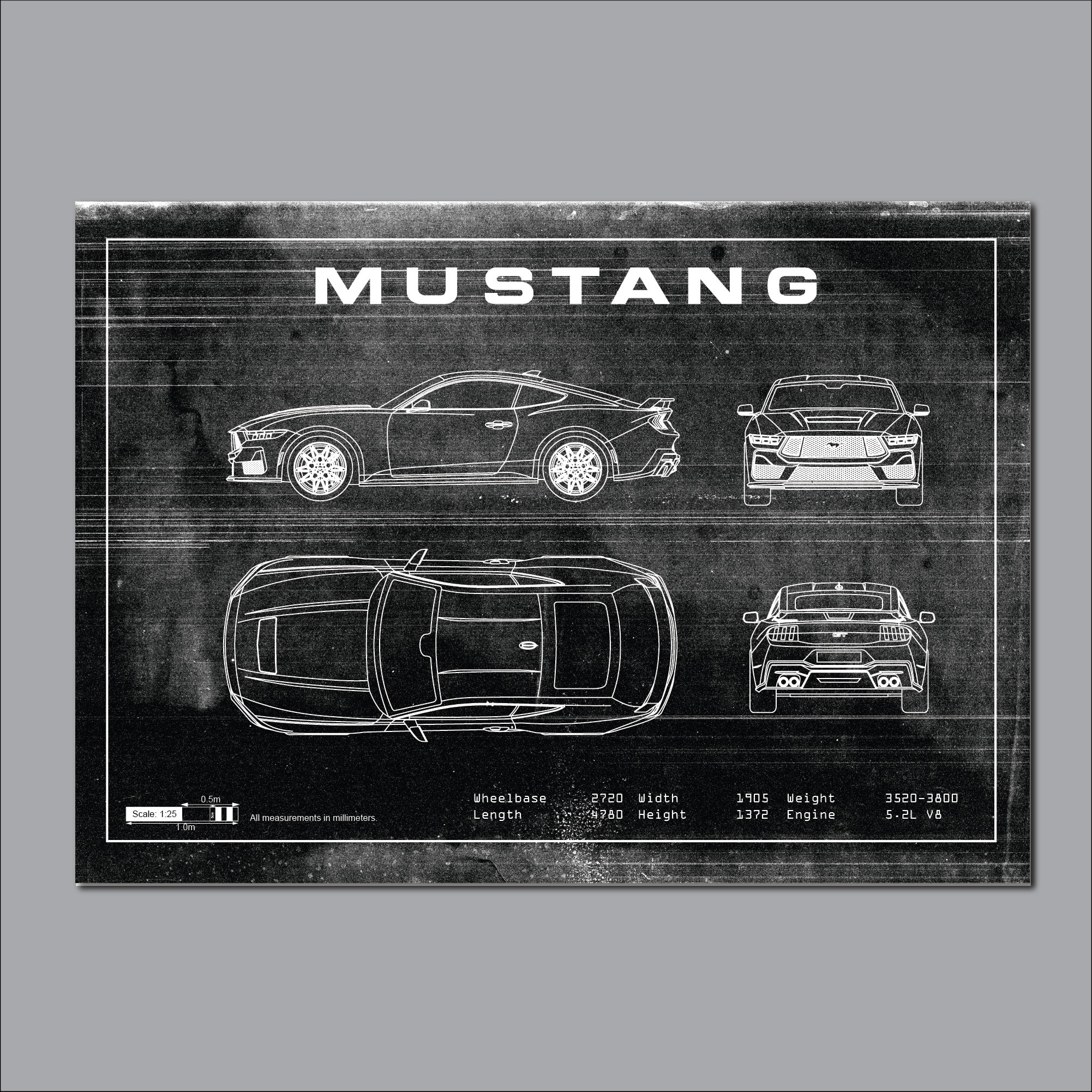 Mustang GT Blueprint Car Blueprints Car Poster Garage - Etsy