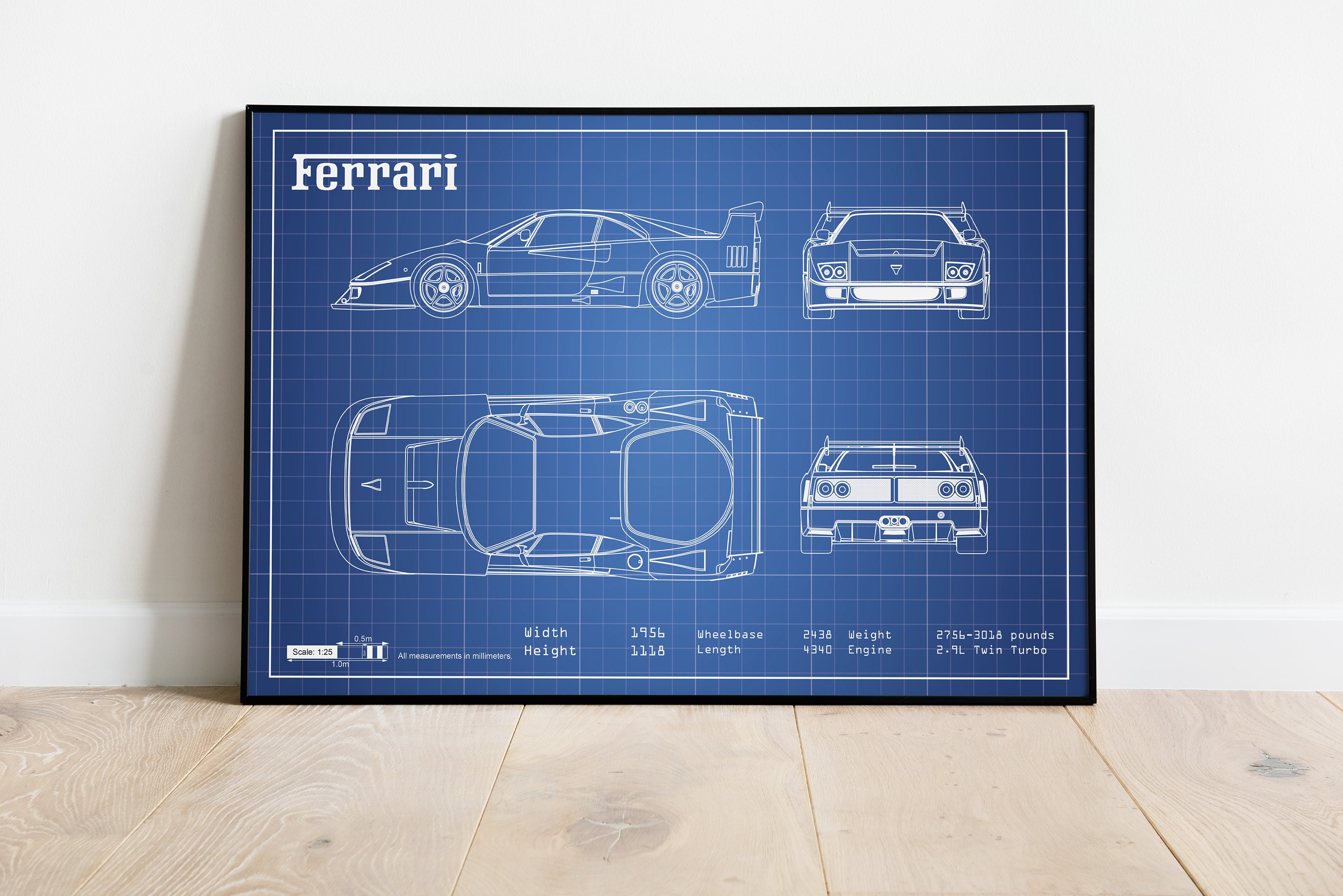Ferrari F40 Picture, Car Blueprints, Car Poster, Man Cave, Man Cave ...