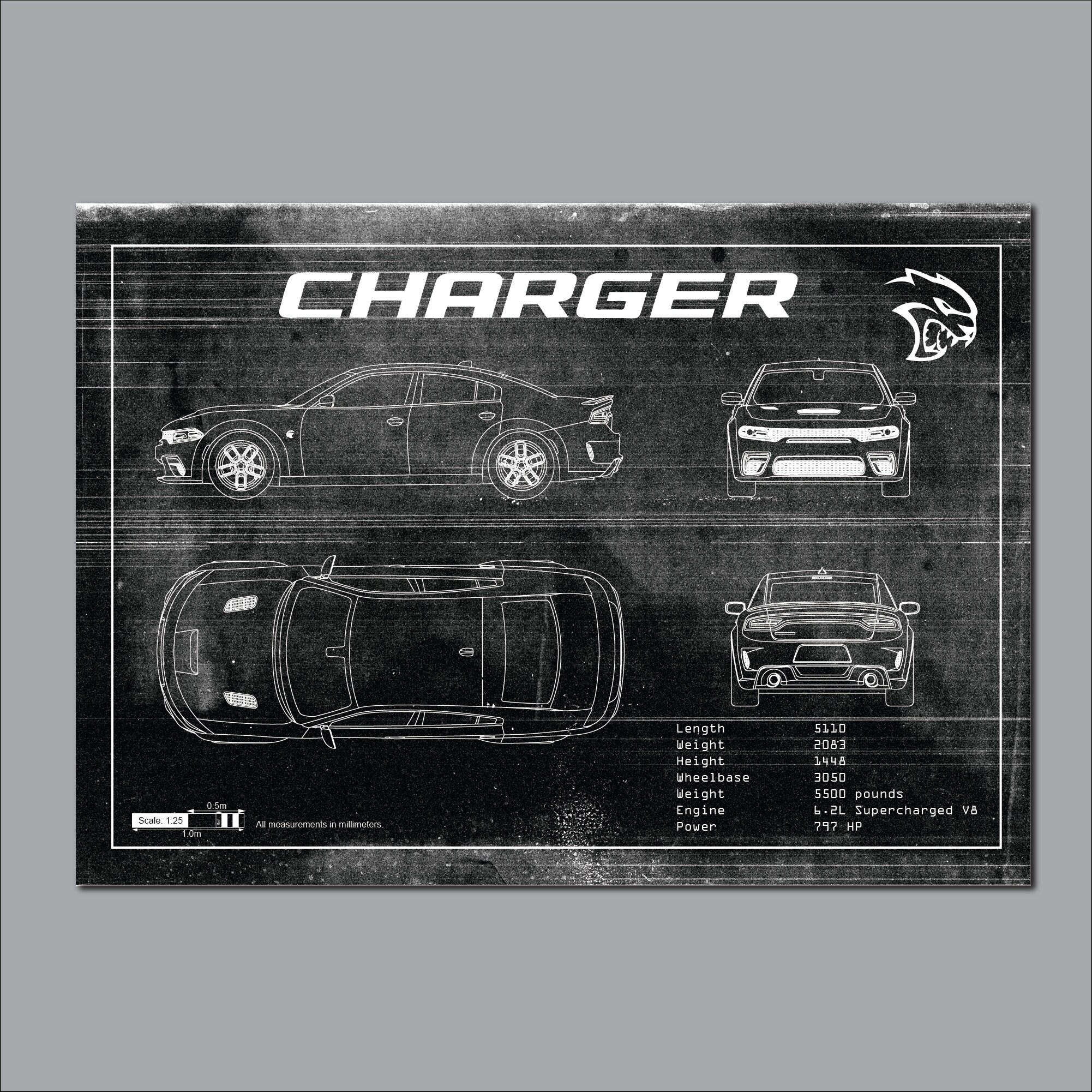 Dodge Charger Poster, Charger SRT, Car Blueprints, Car Poster, Garage ...
