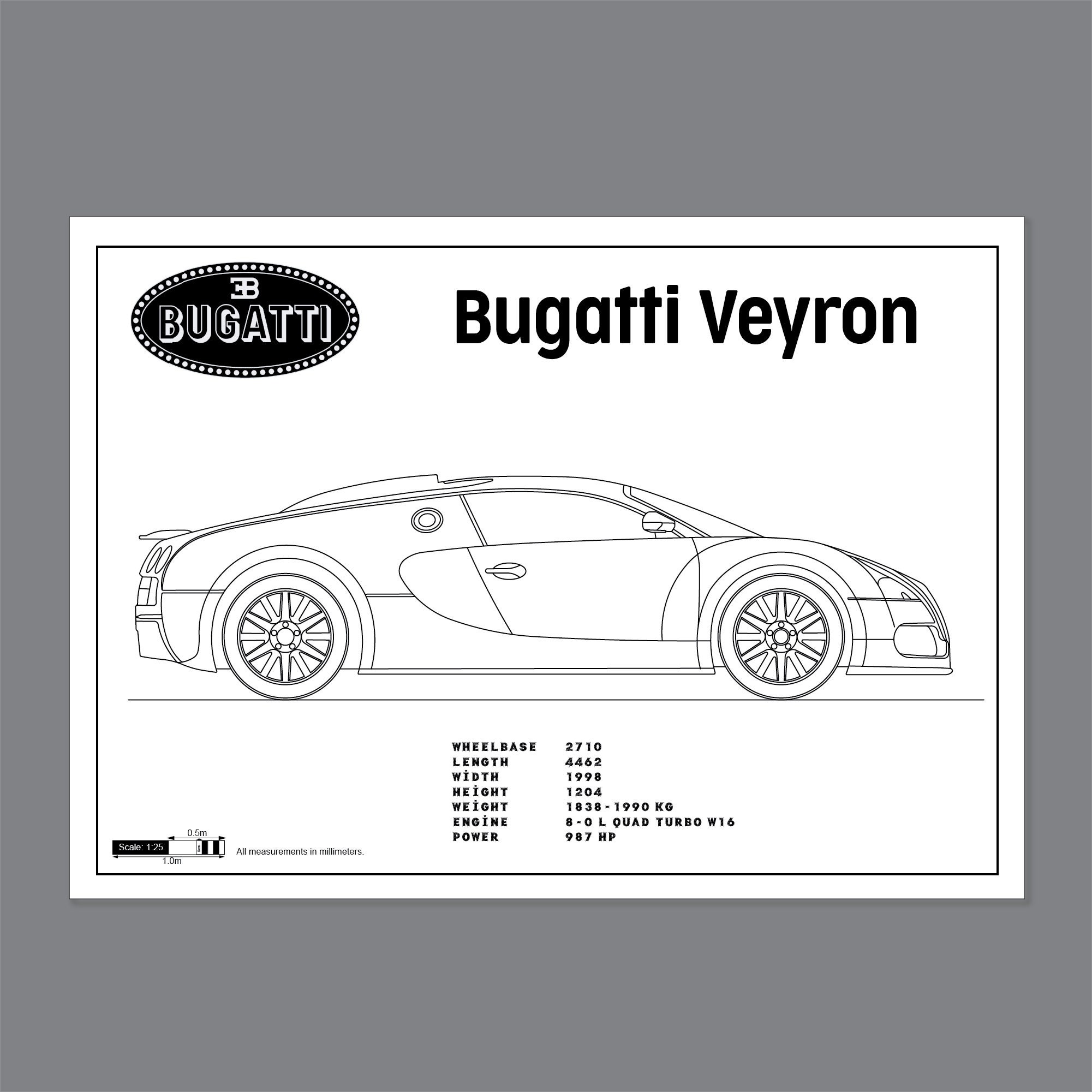 Bugatti Veyron Blueprint, Veyron Poster, Bugatti Print, Car Poster Art, Car Poster Print, Car ...