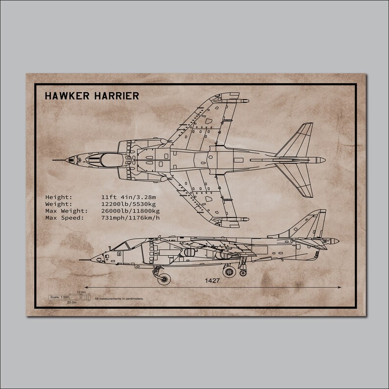 Harrier Wall Art, Aeronautics Art, Blueprint Poster, Aeronautic Poster ...
