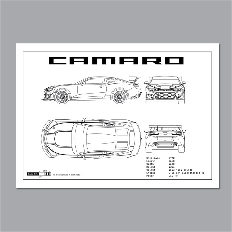 Blueprint of a Camaro, Chevy Camaro, Car Blueprints, Car Poster, Garage ...