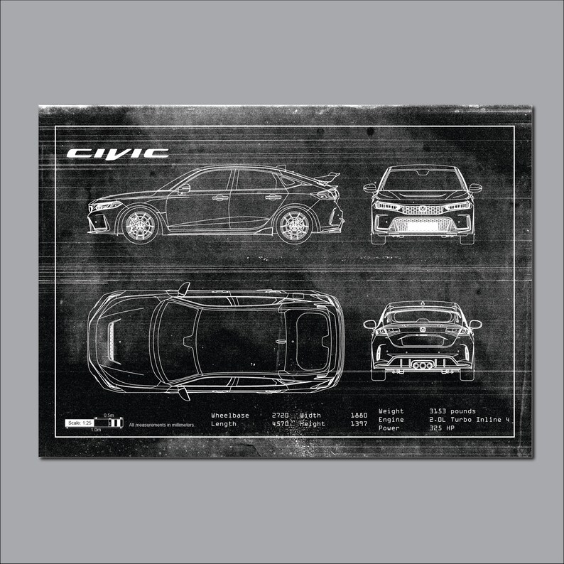 Honda Civic Poster Civic Type R Car Blueprints Car Poster - Etsy