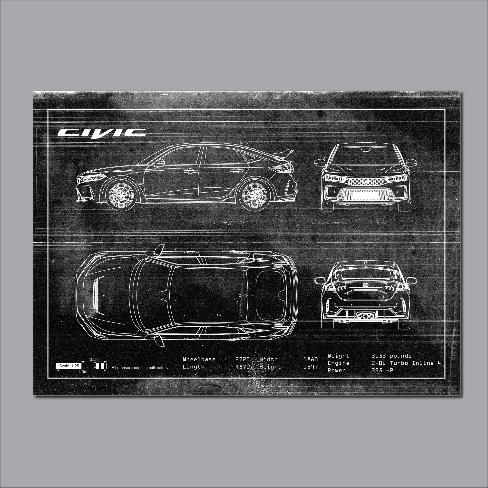 Honda Civic Poster, Civic Type R, Car Blueprints, Car Poster, Gift for ...