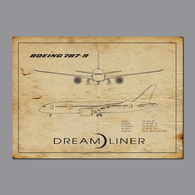 Boeing 787 Poster, Dreamliner Blueprint, Gift for Pilot, Gift for Him ...