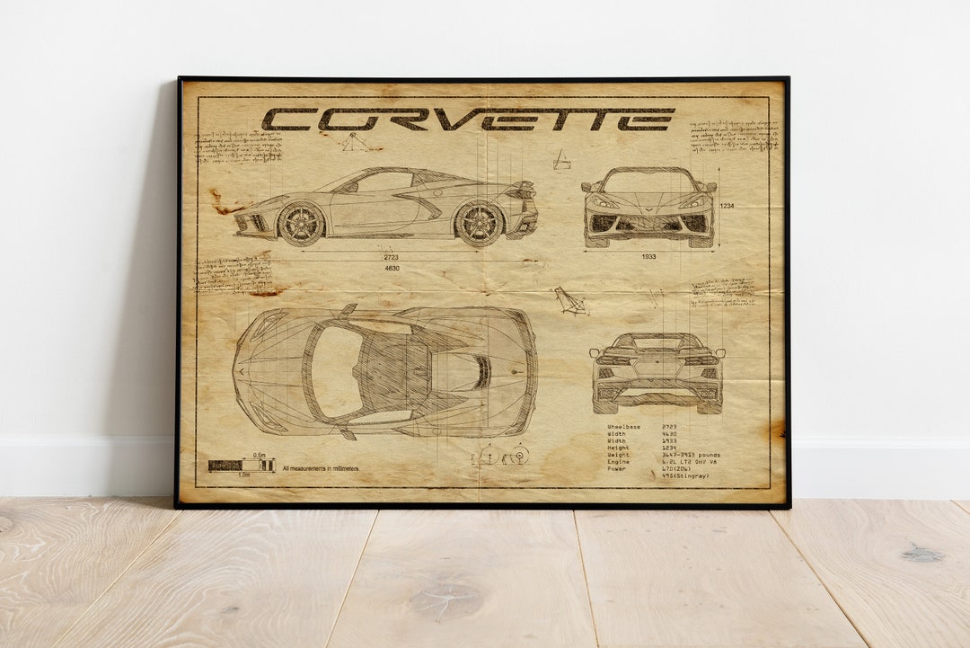 Corvette Picture, Car Blueprints, Car Poster, Garage Workshop Art, Car ...