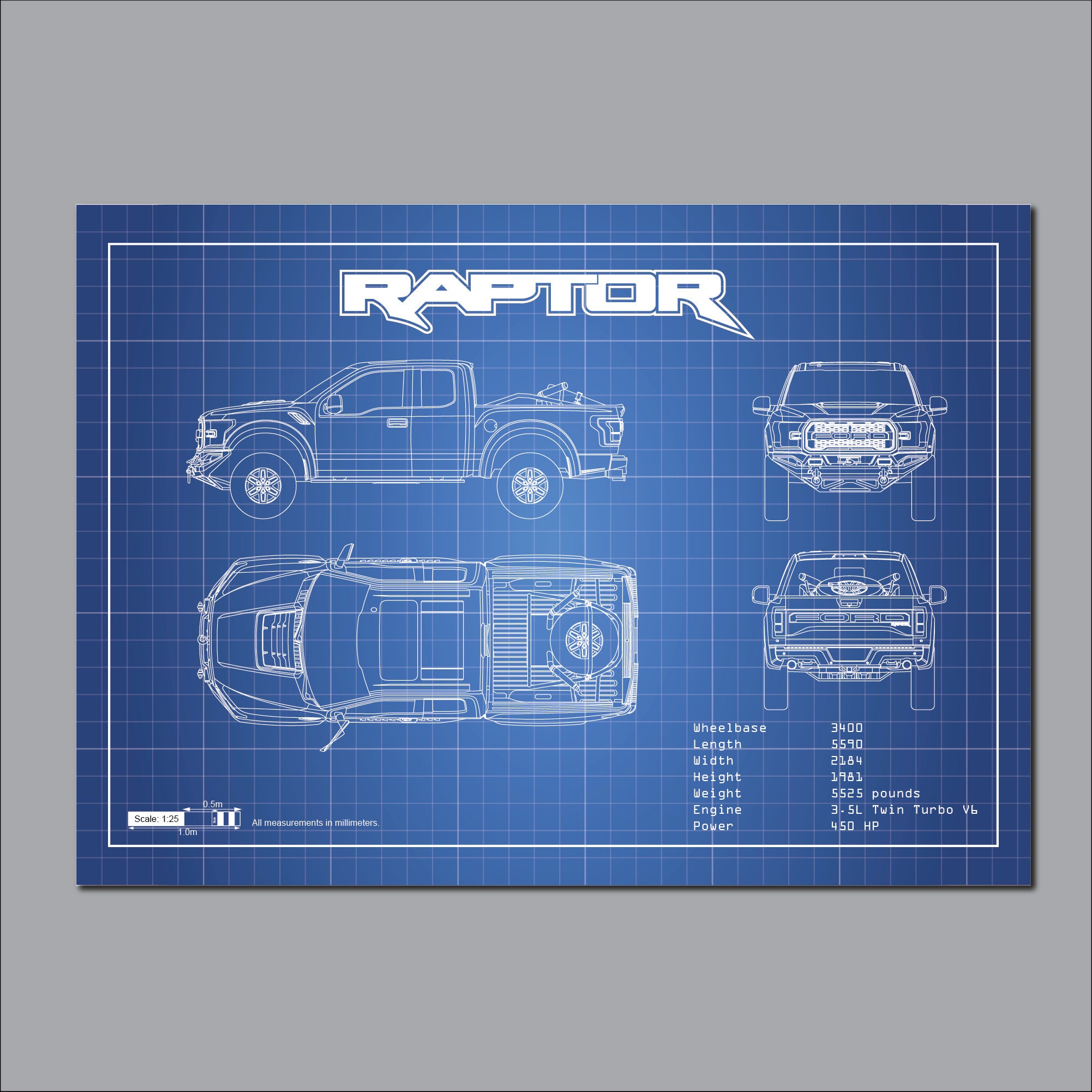 Ford Raptor Blueprint, Car Blueprints, Car Poster, Gift for Car Guy ...