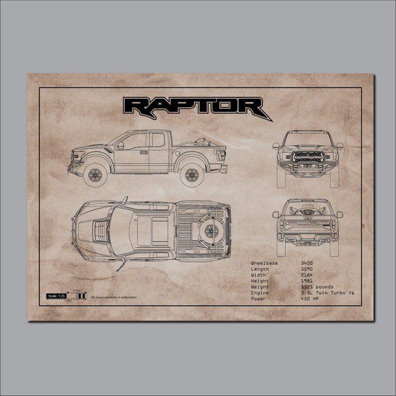 Ford Raptor Blueprint, Car Blueprints, Car Poster, Gift for Car Guy ...