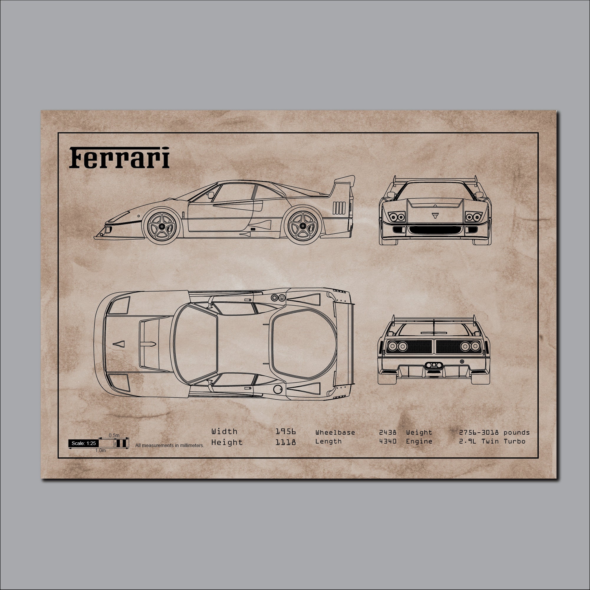 Ferrari F40 Picture, Car Blueprints, Car Poster, Man Cave, Man Cave ...