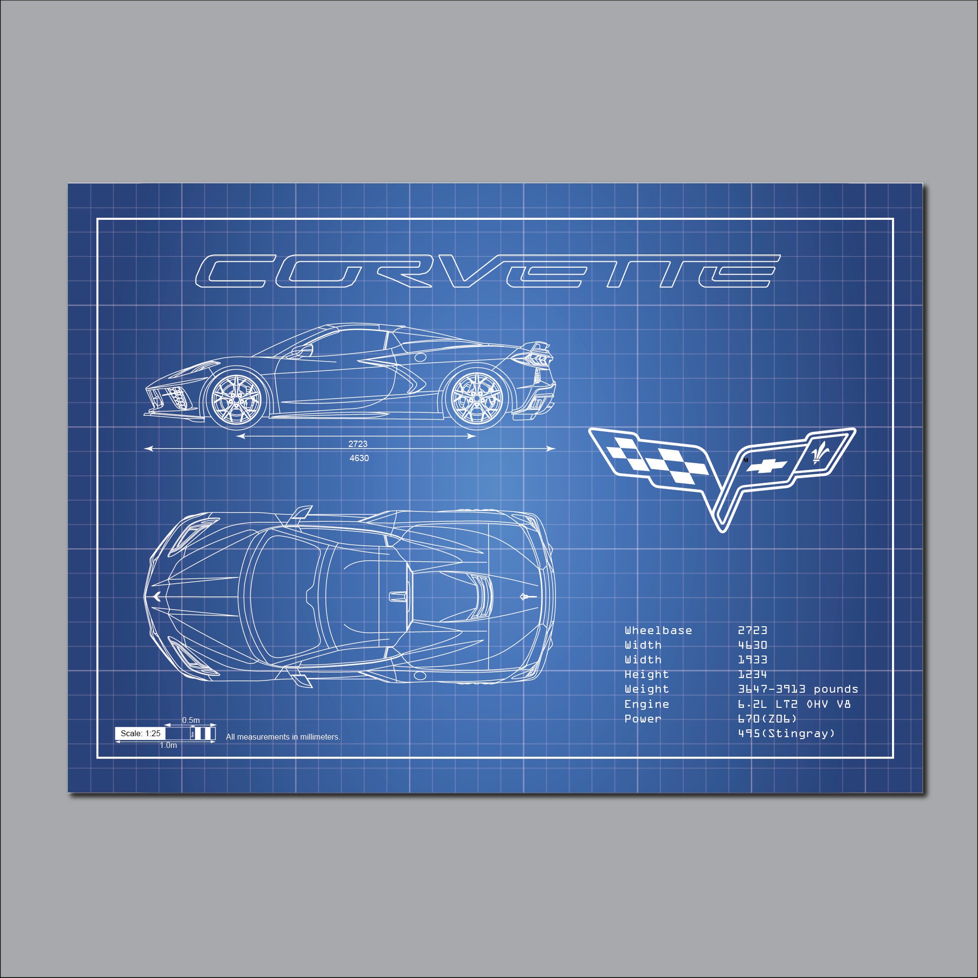 Chevy Corvette Picture Car Blueprints Car Poster Fathers - Etsy