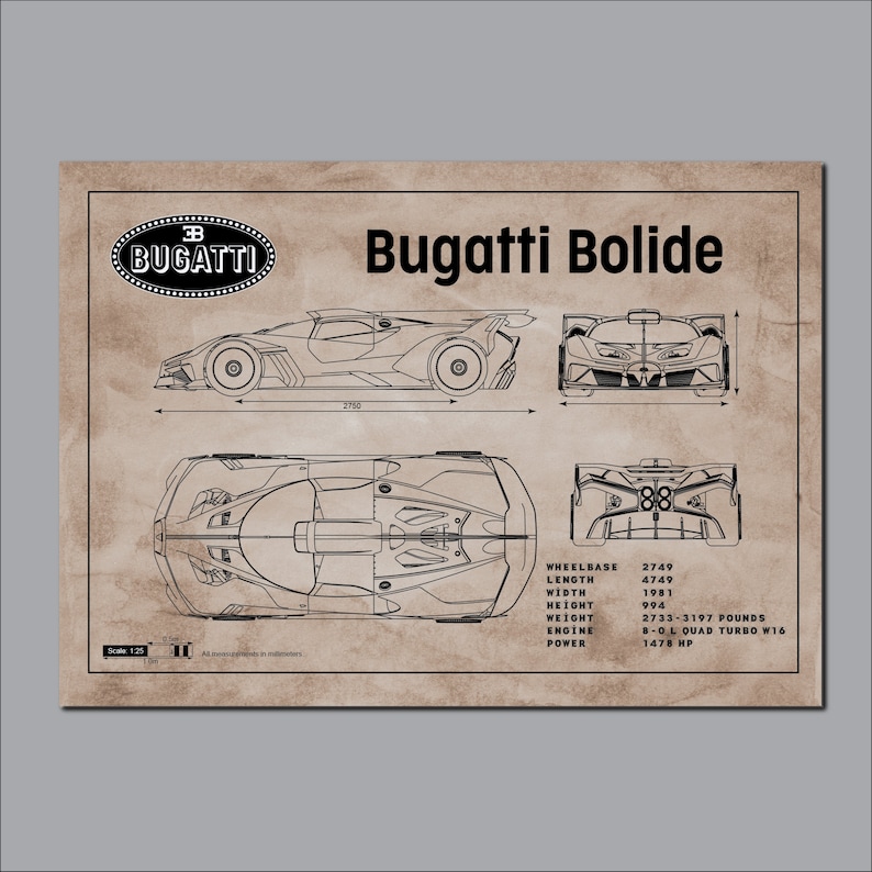 Bugatti Bolide Blueprint, Car Blueprints, Car Poster, Car Wall Art ...