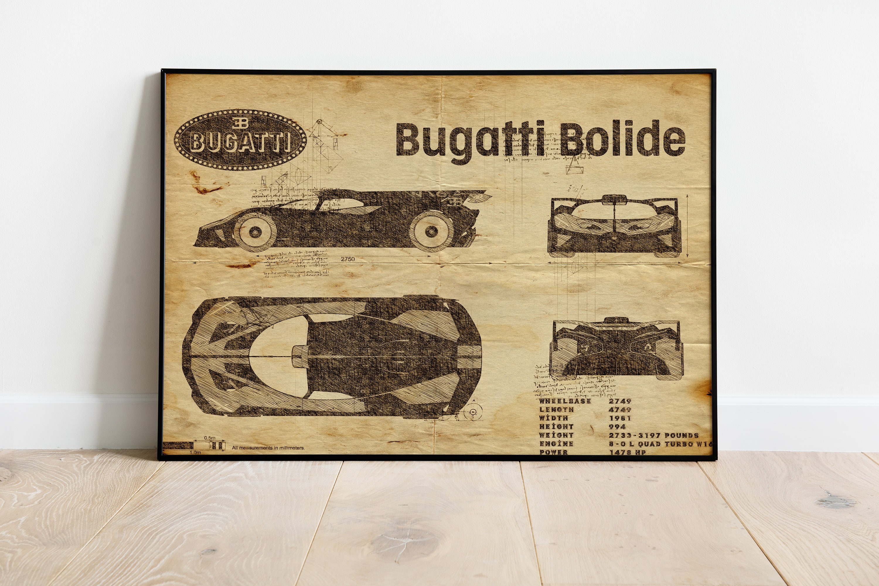 Bugatti Bolide Poster, Car Blueprints, Car Poster, Garage Workshop Art ...