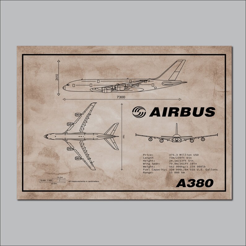 Blueprint Poster A380, Gift for Pilot, Aviation Art, Plane Gift, Plane ...