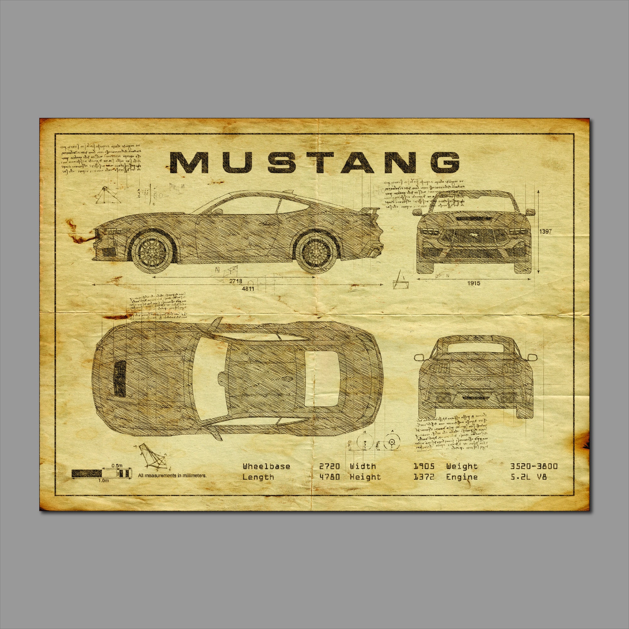 Mustang Poster, Mustang GT, Ford, Car Blueprints, Car Poster, Garage ...