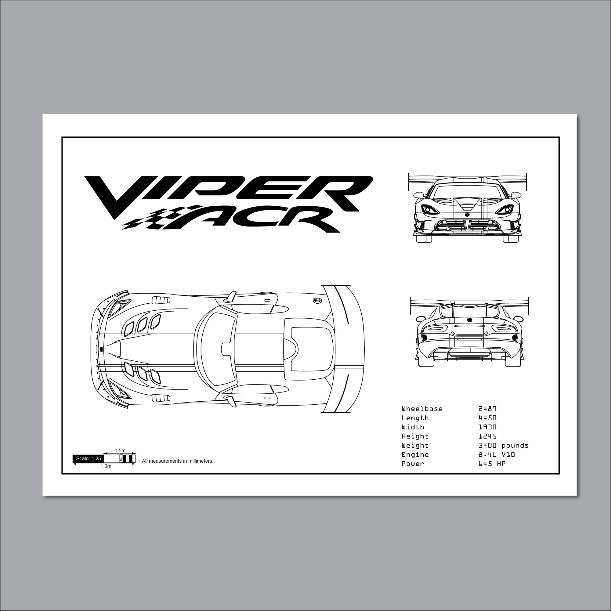 Viper ACR, ACR, Dodge, Mopar, Viper, Car Blueprints, Car Wall Art, Car ...