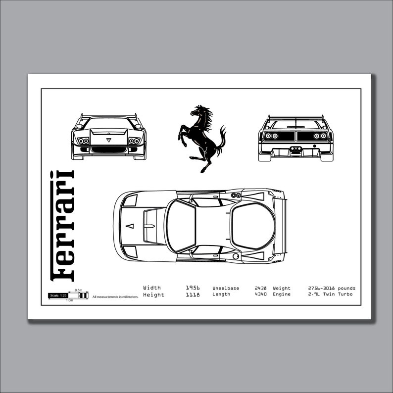 Ferrari F40 Blueprint Hypercar Poster Supercar Picture Car - Etsy