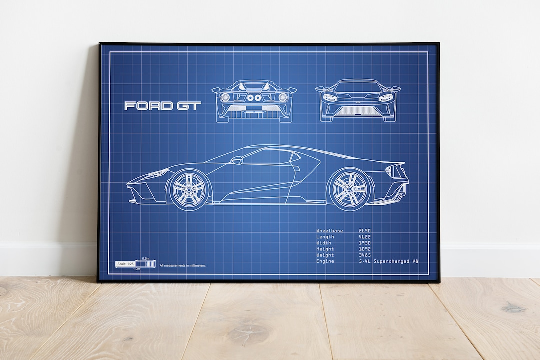 Ford GT Poster, Car Blueprints, Car Poster, Garage Workshop Art, Car ...