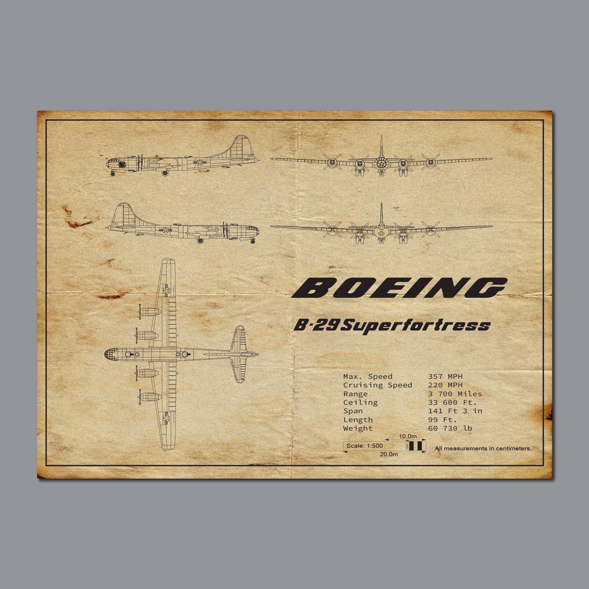 Boeing B29 Poster, Aviation Blueprint, Gift for Pilot, Warplane Picture ...