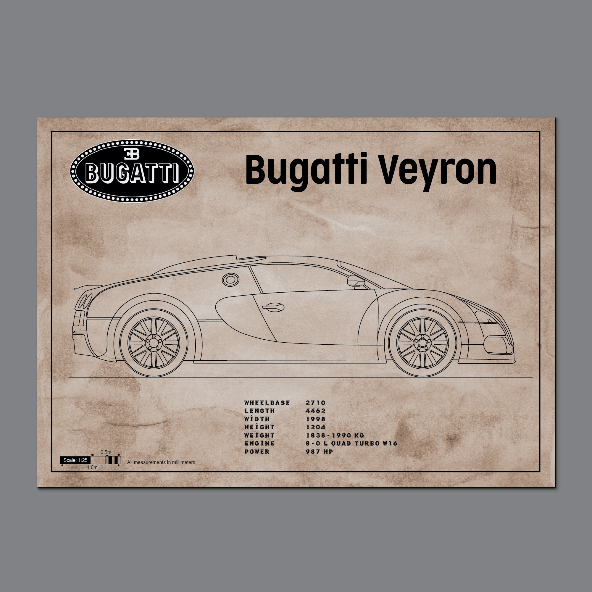 Bugatti Veyron Blueprint, Veyron Poster, Bugatti Print, Car Poster Art, Car Poster Print, Car ...