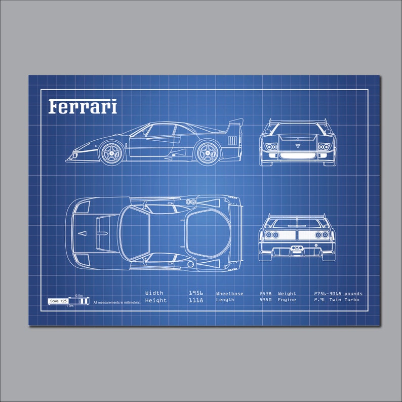 Ferrari F40 Picture, Car Blueprints, Car Poster, Man Cave, Man Cave ...