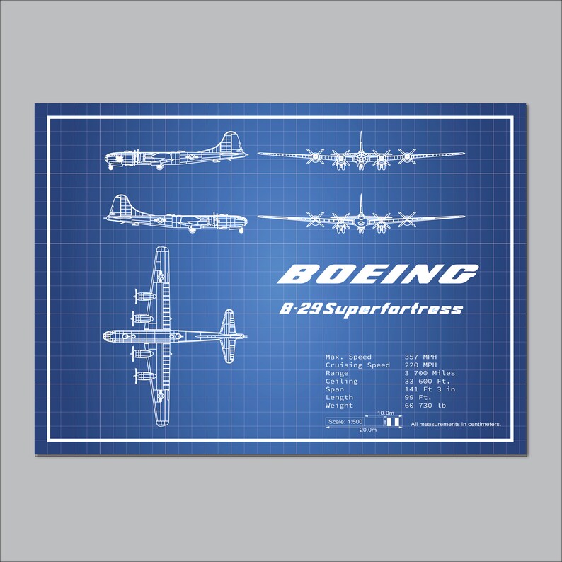 Boeing B29 Poster, Aviation Blueprint, Gift for Pilot, Warplane Picture ...