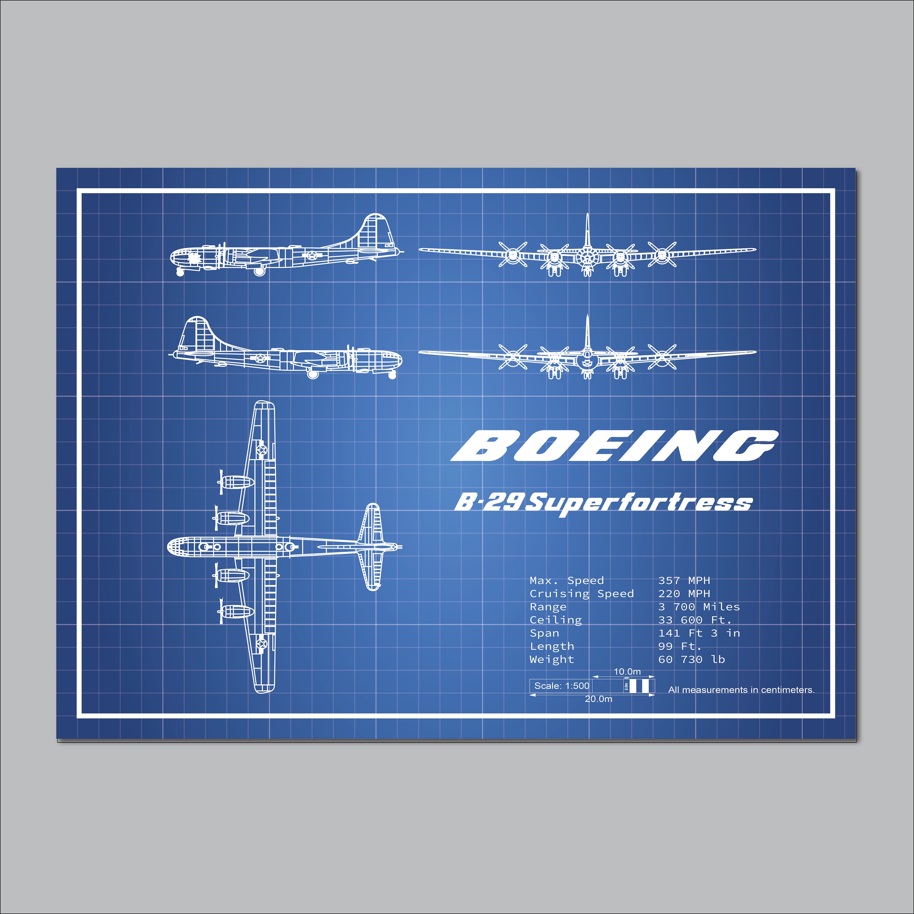 Boeing B29 Poster, Aviation Blueprint, Gift for Pilot, Warplane Picture ...